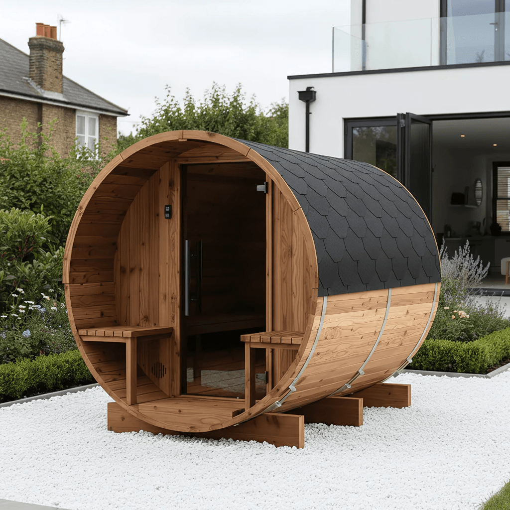 Thermo Wood Barrel Sauna - Small with Relaxation Terrace | Finnmark Sauna